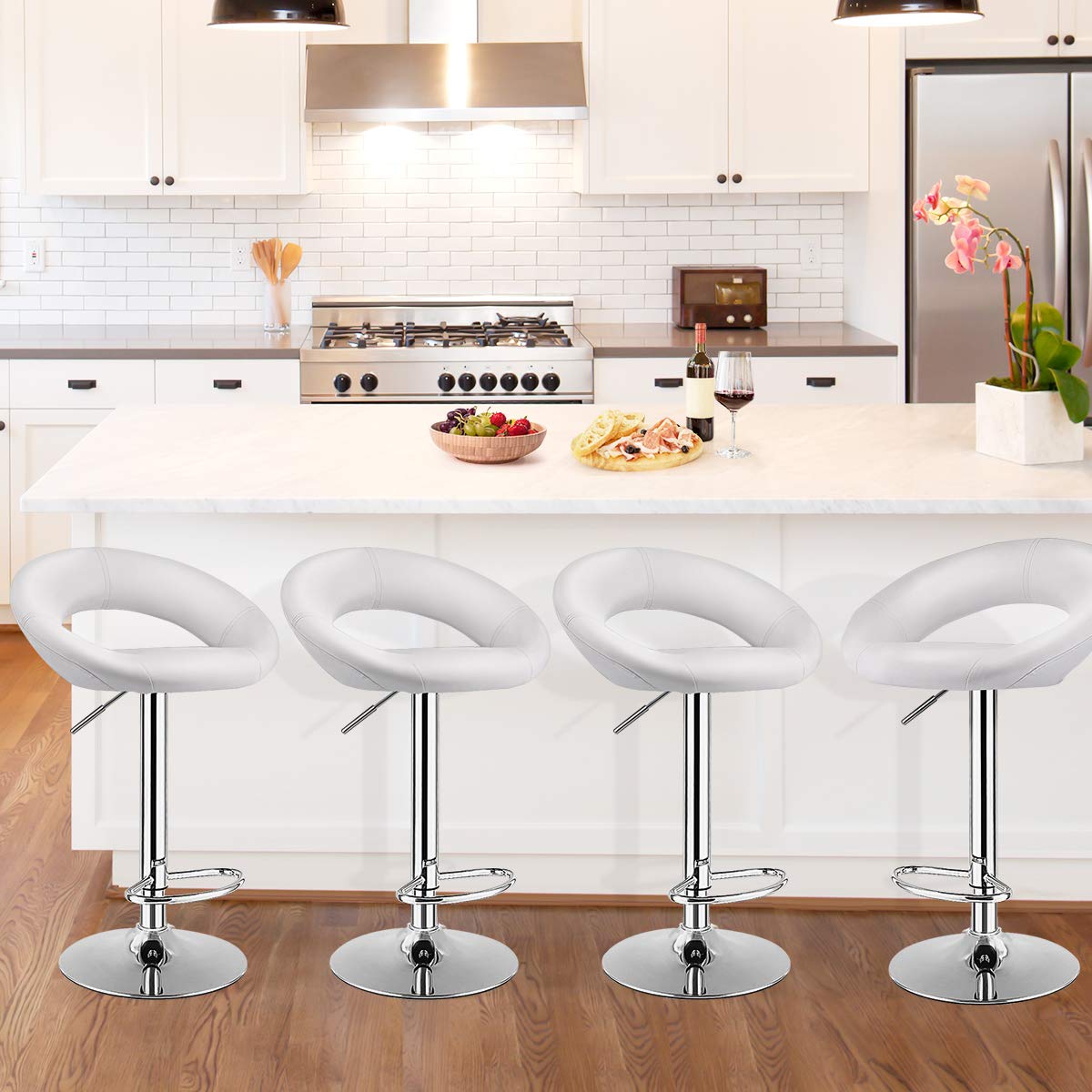 COSTWAY Bar Stools, Set of 4 Modern Swivel Adjustable Barstool, PU Leather Backless Stools, with Chrome Plated Footrest and Base, for Kitchen, Bistro, Pub, White