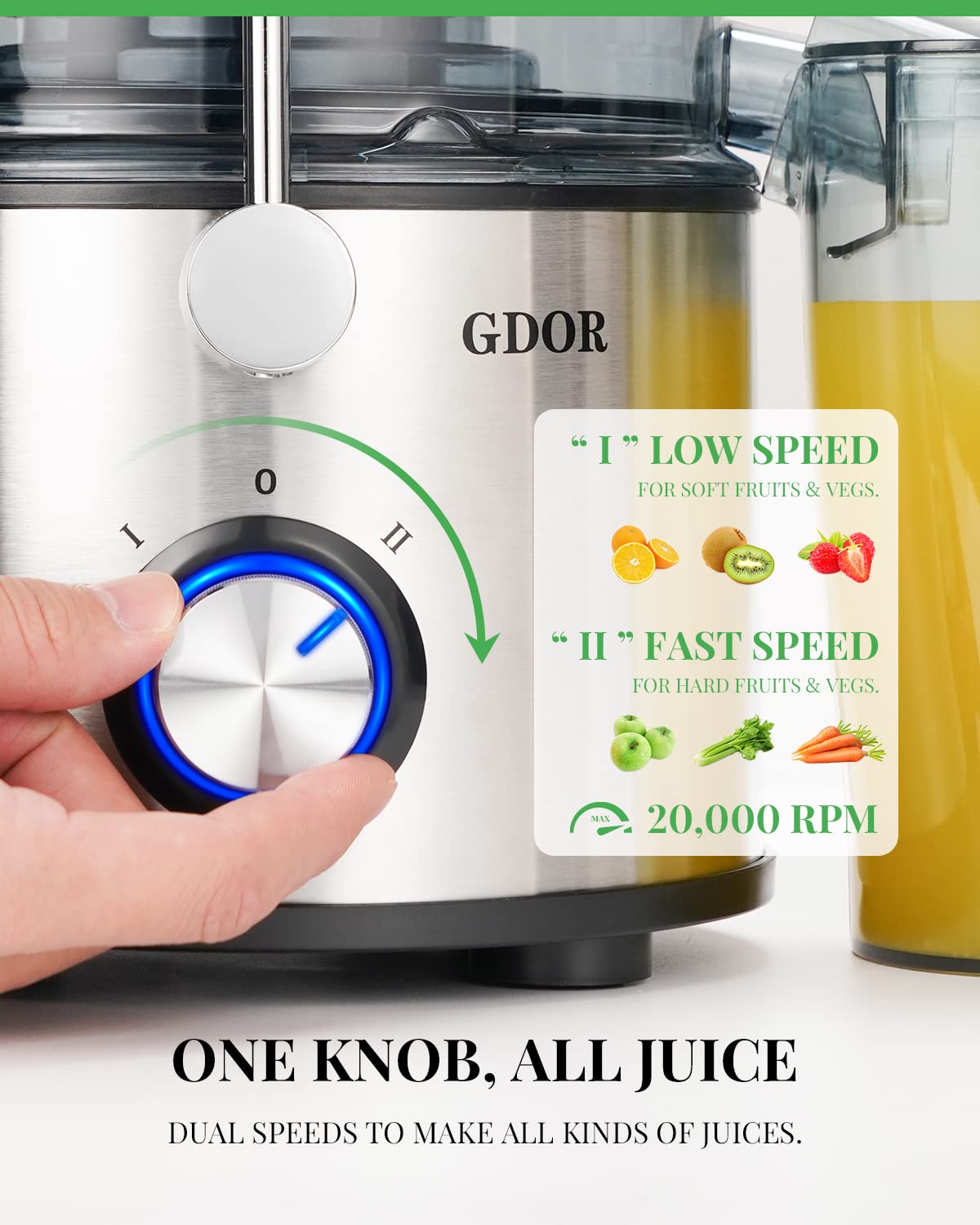 GDOR Powerful 1200W Juicer with Titanium Enhanced Cut Disc, Larger 3β Feed Chute Juicer Machines for Whole Fruits and Vegetables, Centrifugal Juicer with 40 oz. Juice Jug, BPA-Free, Easy to Clean, 3.0