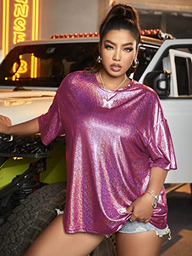 Verdusa Women's Plus Size Metallic T Shirt Drop Shoulder Oversized Tee Top Hot Pink 1XL