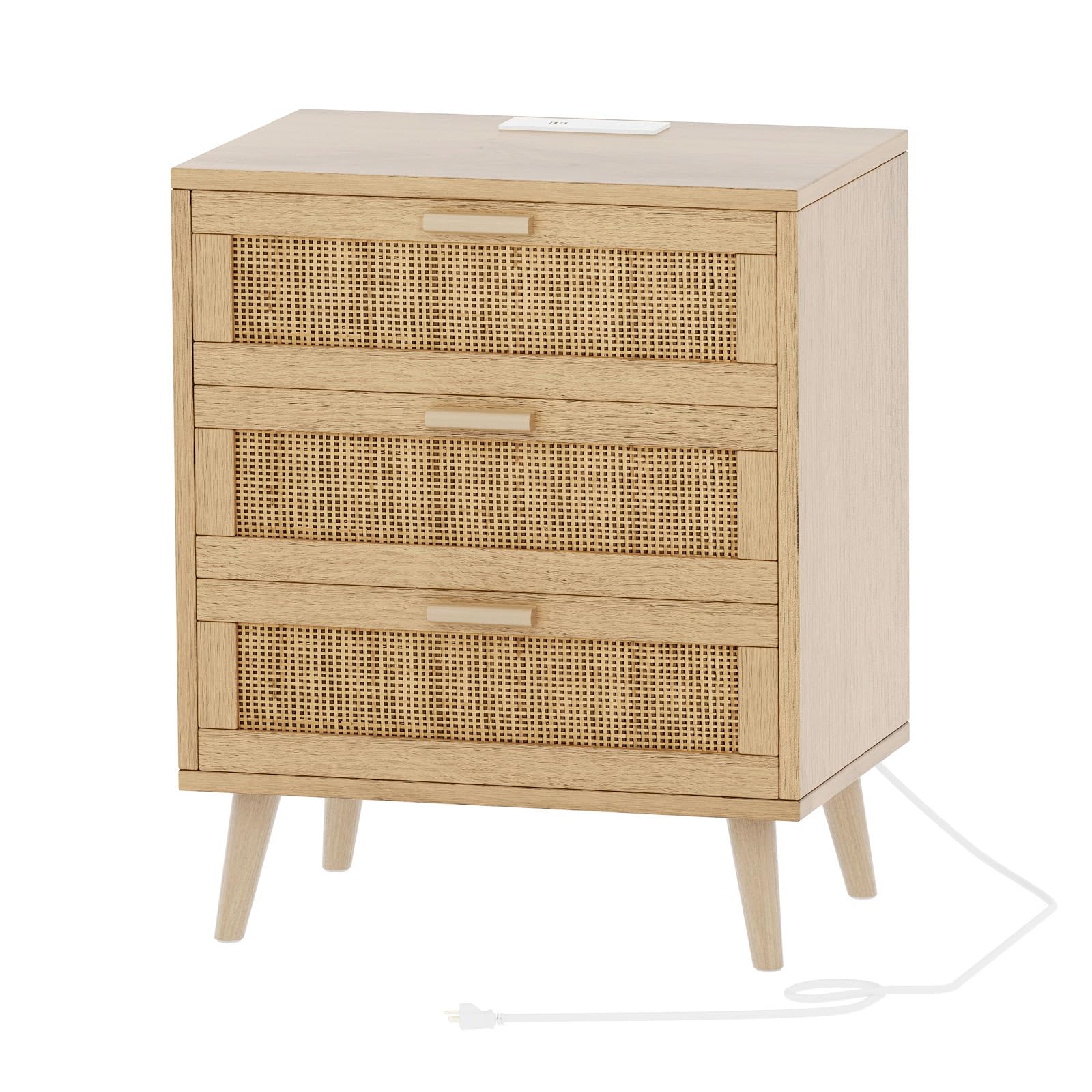 Rovaurx Rattan Nightstand with Charging Station, Night Stand with 3 Drawers, 23.6" W Bedside End Table for Bedroom, Side Table with Solid Wood Legs, Boho Style, Natural RCTG110ME