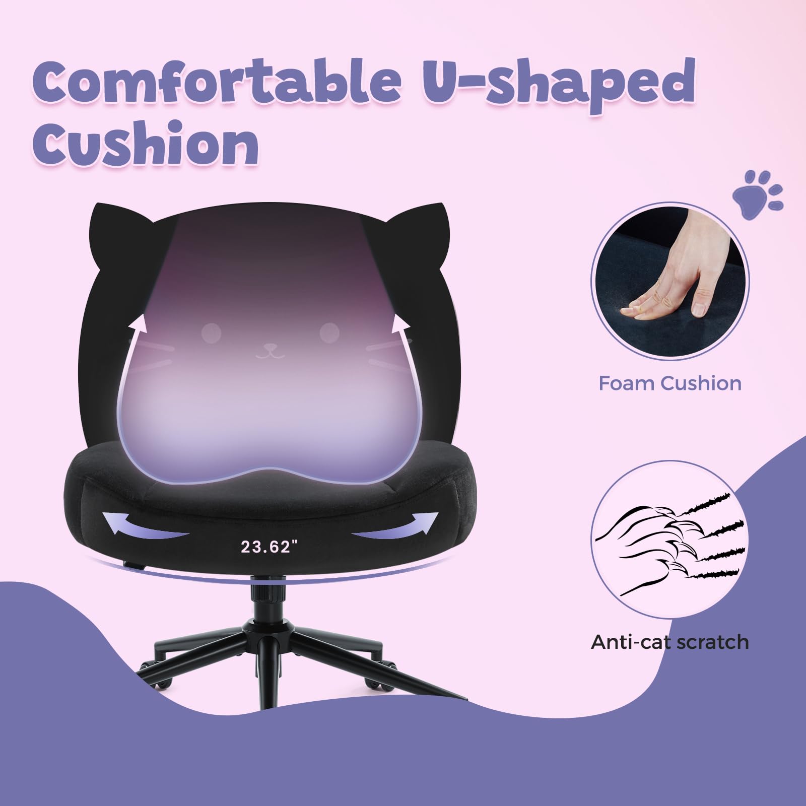 IWMH Armless Office Desk Chair with Wheels,Ergonomic Criss Cross Legged Computer Chair with Fabric Padded, Height Adjustable Wide Seat Vanity Chair,Mid Back Task Chair for Home, Bedroom (Black)