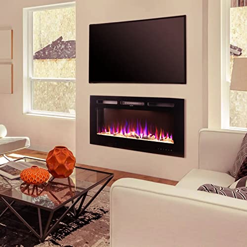 S-THROUGH Electric Fireplace Insert, Recessed and Wall Mounted Electric Fireplace Heater, 36 Inch Linear Electric Fireplace with Remote Control & Timer, Touch Screen, Adjustable Flame Color,750w/1500w