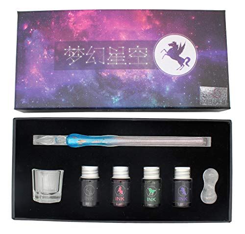 XIAOYU 7 Pieces Glass Dip Pen Set Handmade Starry Sky Calligraphy Pen and 4 Bottle Inks - Lake Blue