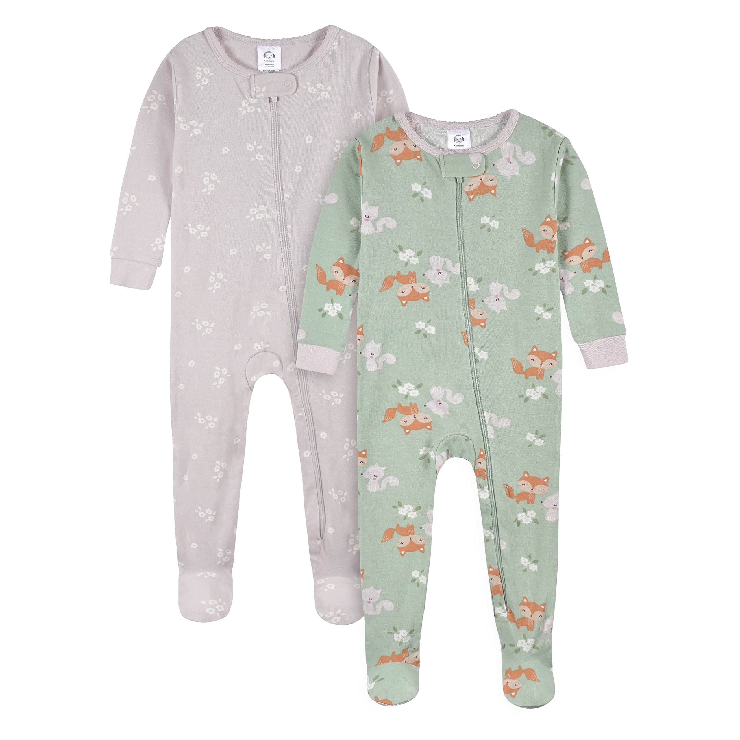 Gerber Baby Girl's 4-Pack Footed Pajamas, Roses and Fox, 2T