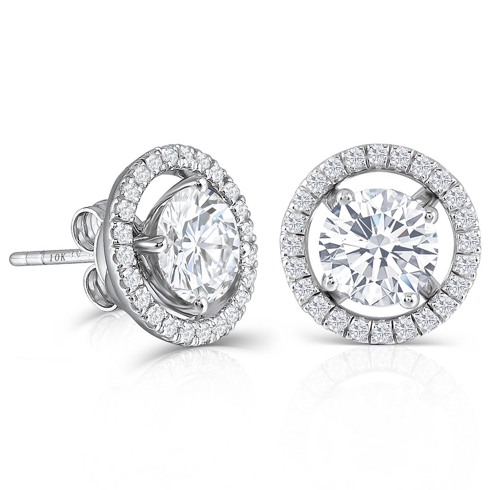 DovEggs 10K White Gold Post 2ct 6.5mm G-H-I Color Created Moissanite Stud Earring with Jackets Push Back k Gold QUALITY Silver Earrings for Women