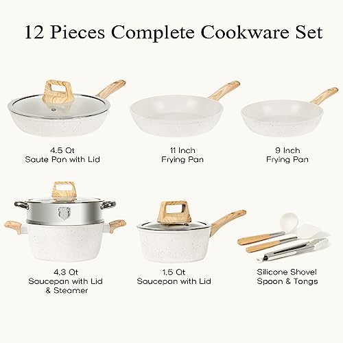 SODAY Pots and Pans Set, Nonstick Kitchen Cookware Sets, 12 Pcs Induction Cookware Granite Cooking Set with PFOS & PFOA Free Frying Pans, Saucepans, Steamer Silicone Shovel Spoon & Tongs (White)