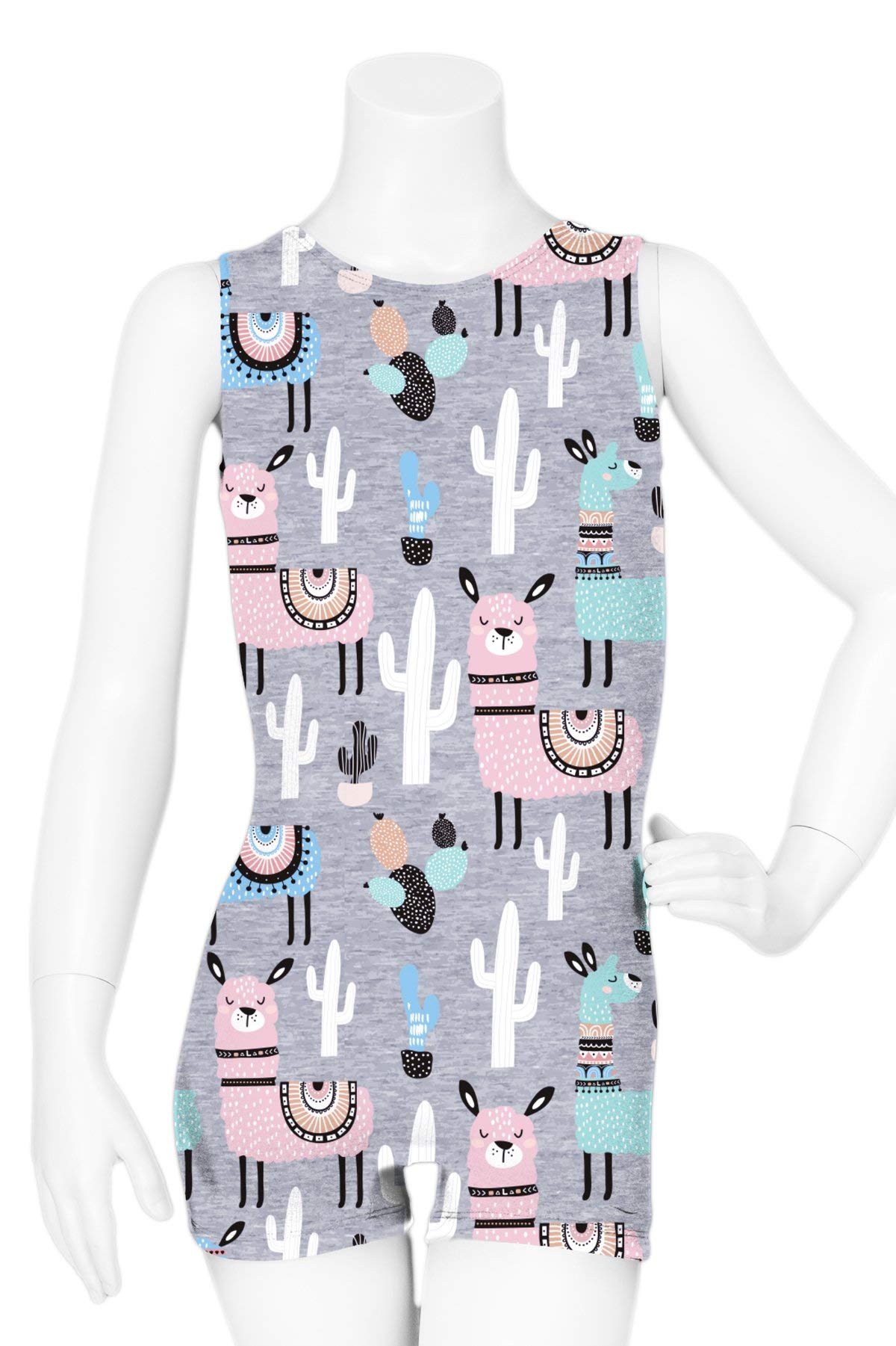 Destira Llama Llove Grey Gymnastics Unitard For Girls, Soft Fabric Biketard Athletic Wear, Child Large