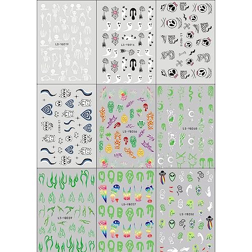 JMEOWIO 9 Sheets Halloween Glow in The Dark Nail Art Stickers Decals Self-Adhesive Pegatinas Uñas Lumious Skull Ghost Spider Web Bat Pumpkin Nail Supplies Nail Art Design Decoration Accessories