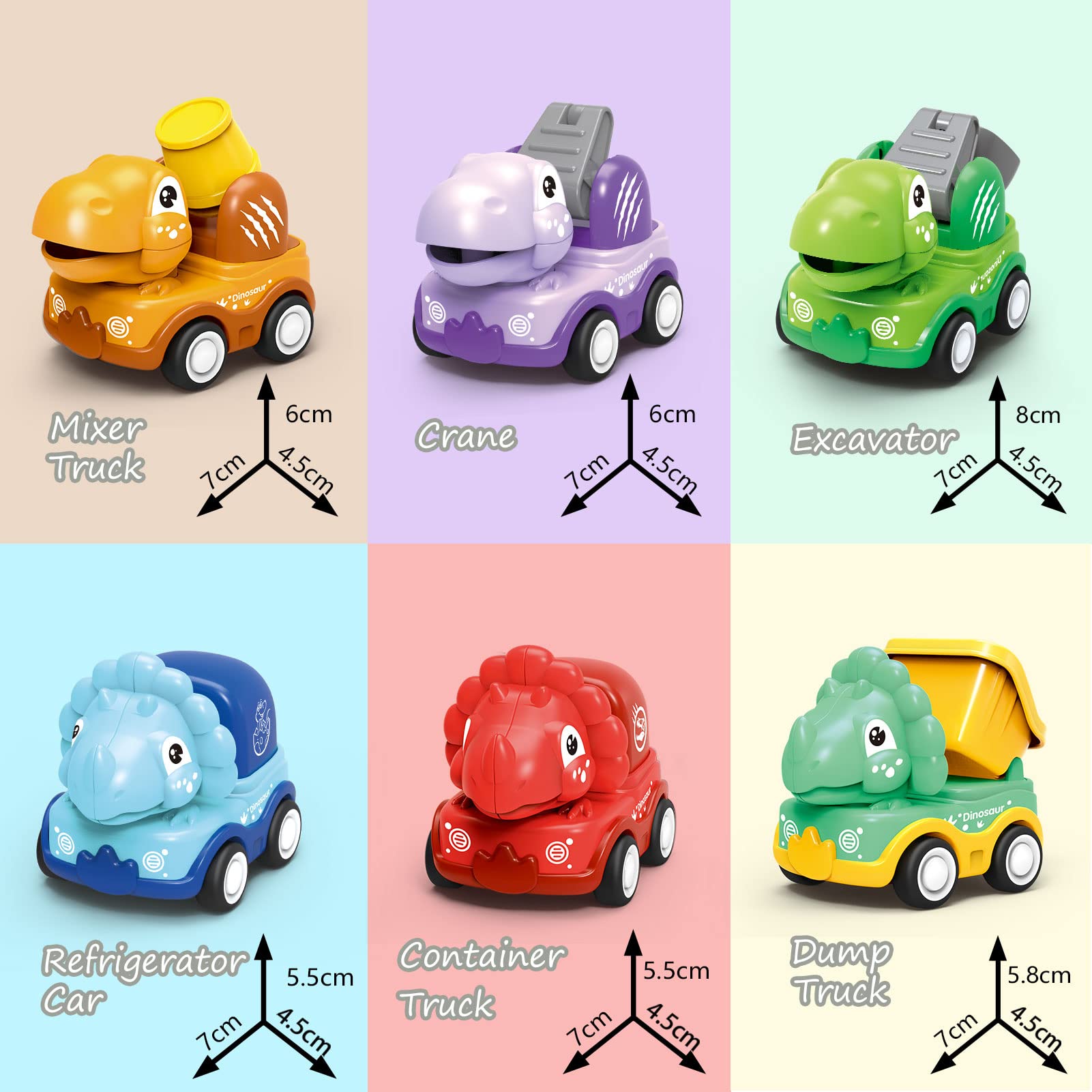 Flypear Toy Cars for 1 Year Old Boy, Dinosaur Pull Back Construction Vehicles with Storage Bag, 6PCS Monster Truck for Toddlers 3-5, Friction Power Cartoon Car Easter Gift