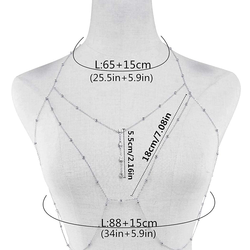 Dreamyn Boho Rhinestones Body Chain Silver Crystal Bikini Chains Summer Beach Bra Body Jewelry for Women (Silver)