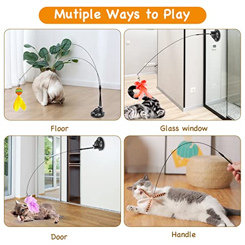 HOSFROLL Cat Toys Wand, Interactive Cat Toy with Super Suction Cup Sticky Detachable 12 PCS Feather Replacements 2 Wands Cat Spring Feather Toys for Indoor Cats Kitten Toys (8 Toys Double Headed)