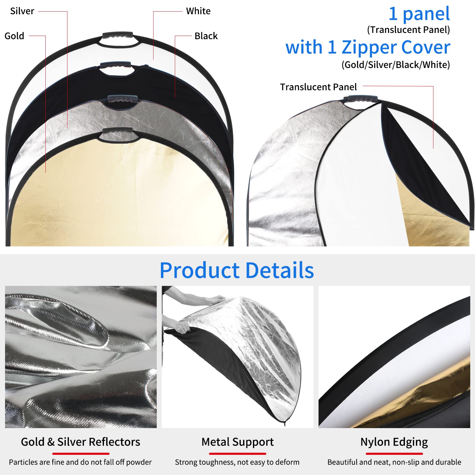 FOTOCREAT Portable 5-in-1 Oval 60βX80β/150X200cm Reflector Translucent Professional Collapsible Multi-Disc Light Reflector with Handles Silver, Black, Gold, White Surface for Photography Photo Studio