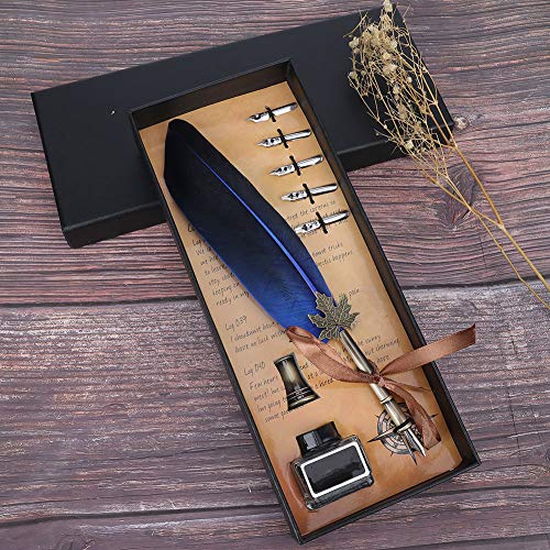Vintage Feather Pen Set, Calligraphy Writing Quill Ink Dip Pen Writing Ink Set Stationery Gift Box(Blue)