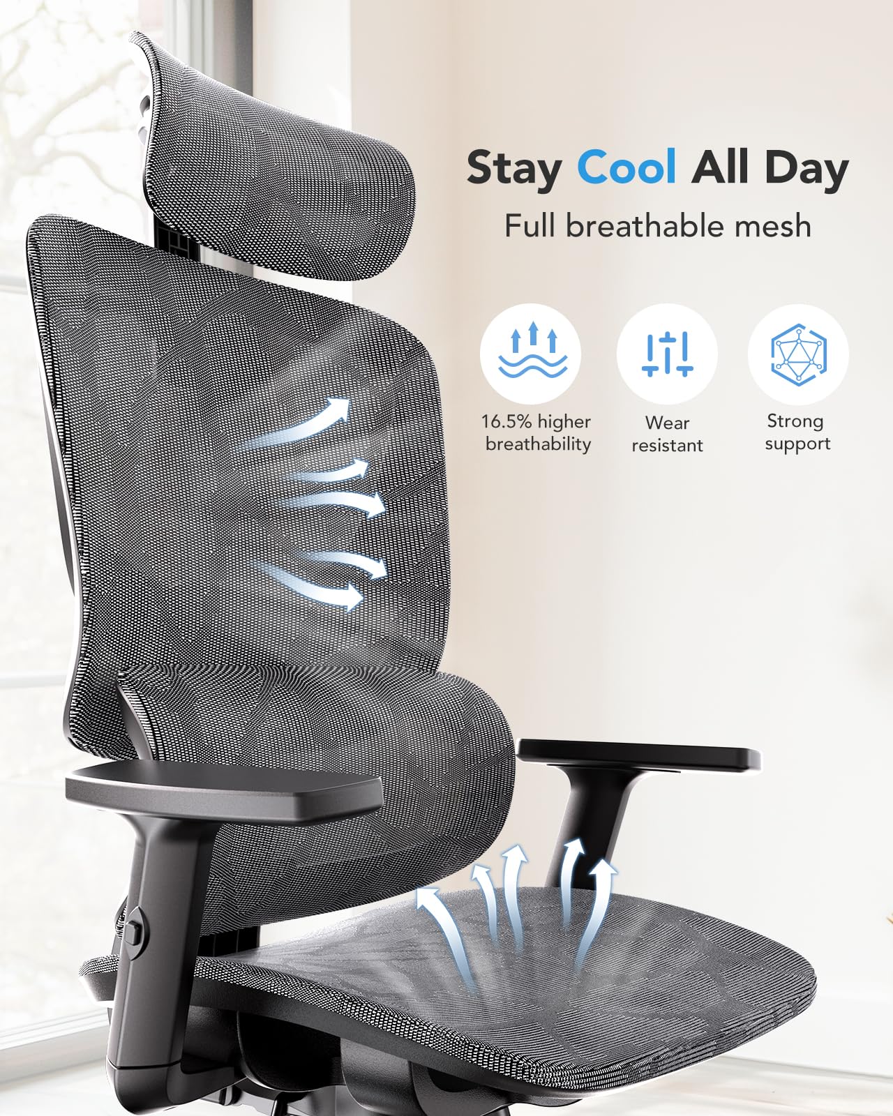 HUANUO Ergonomic Mesh Office Chair, High Back Desk Chair with 5-Level Lumbar Support, Adjustable Headrest, Armrests, Rocking Tilt, Computer Mesh Chair for Home Office Gaming