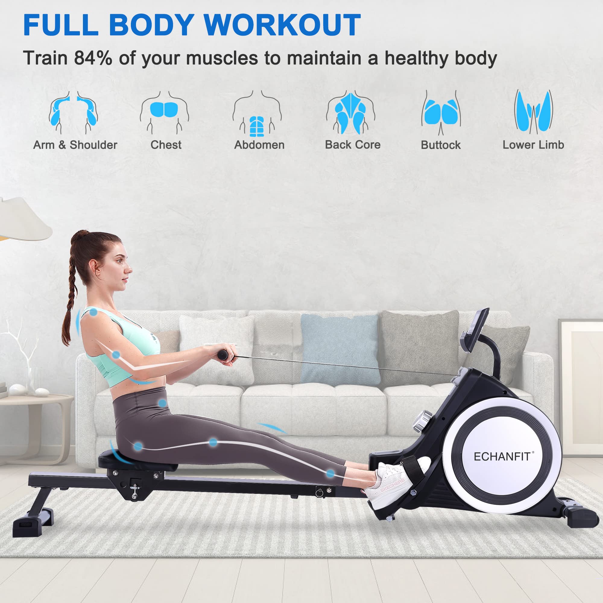ECHANFIT Magnetic Rowing Machine with Bluetooth Fitness App for Home Use, Foldable Rower 350 LB Max Weight Capacity with LCD Monitor for Full Body Workout