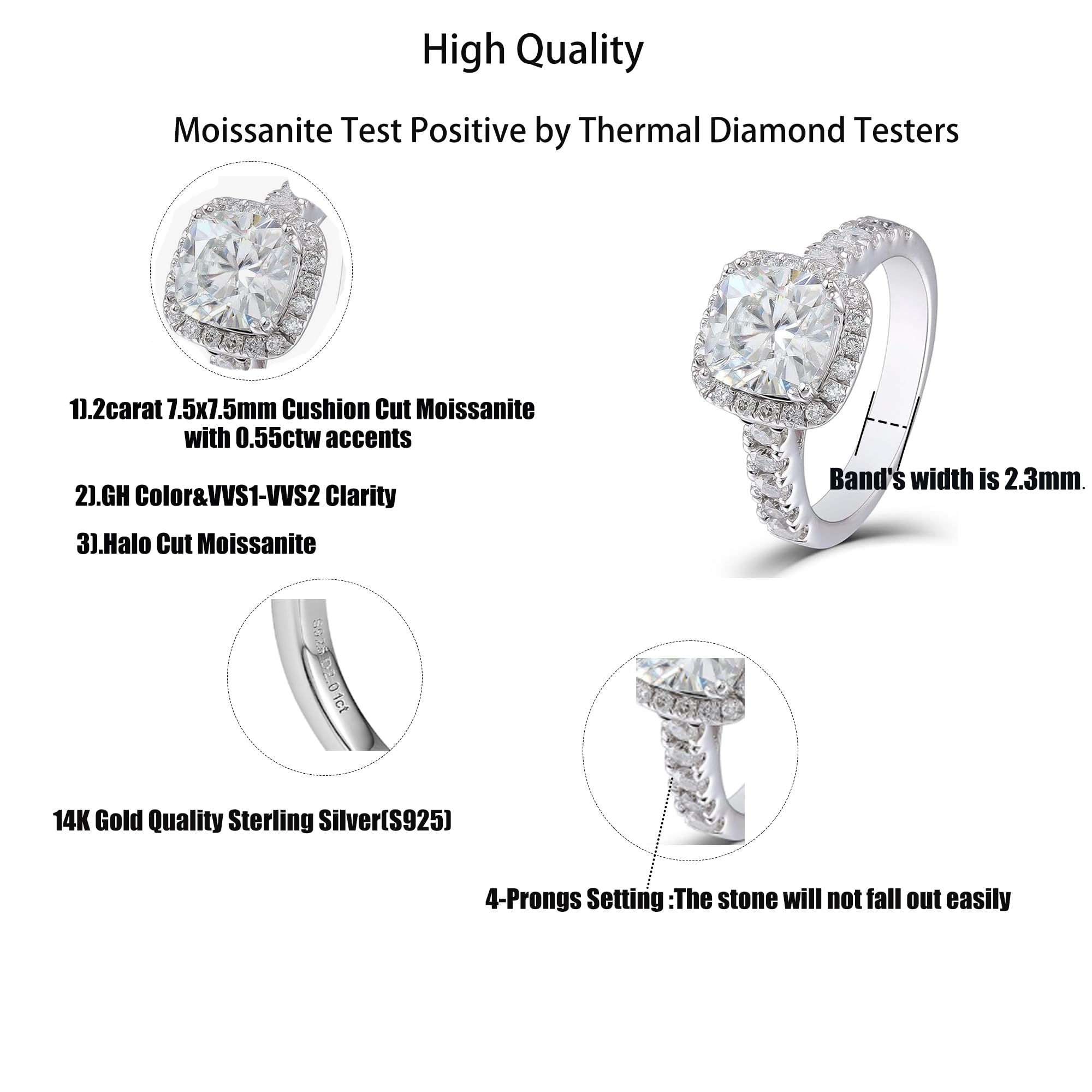 DovEggs 2ct Center 7.5mm Cushion Cut 2.3mm Width G-H-I Color Moissanite Engagement Ring Solitaire with Accents 14K Gold QUALITY Sterling Silver Engagement Ring for Women(7.5)