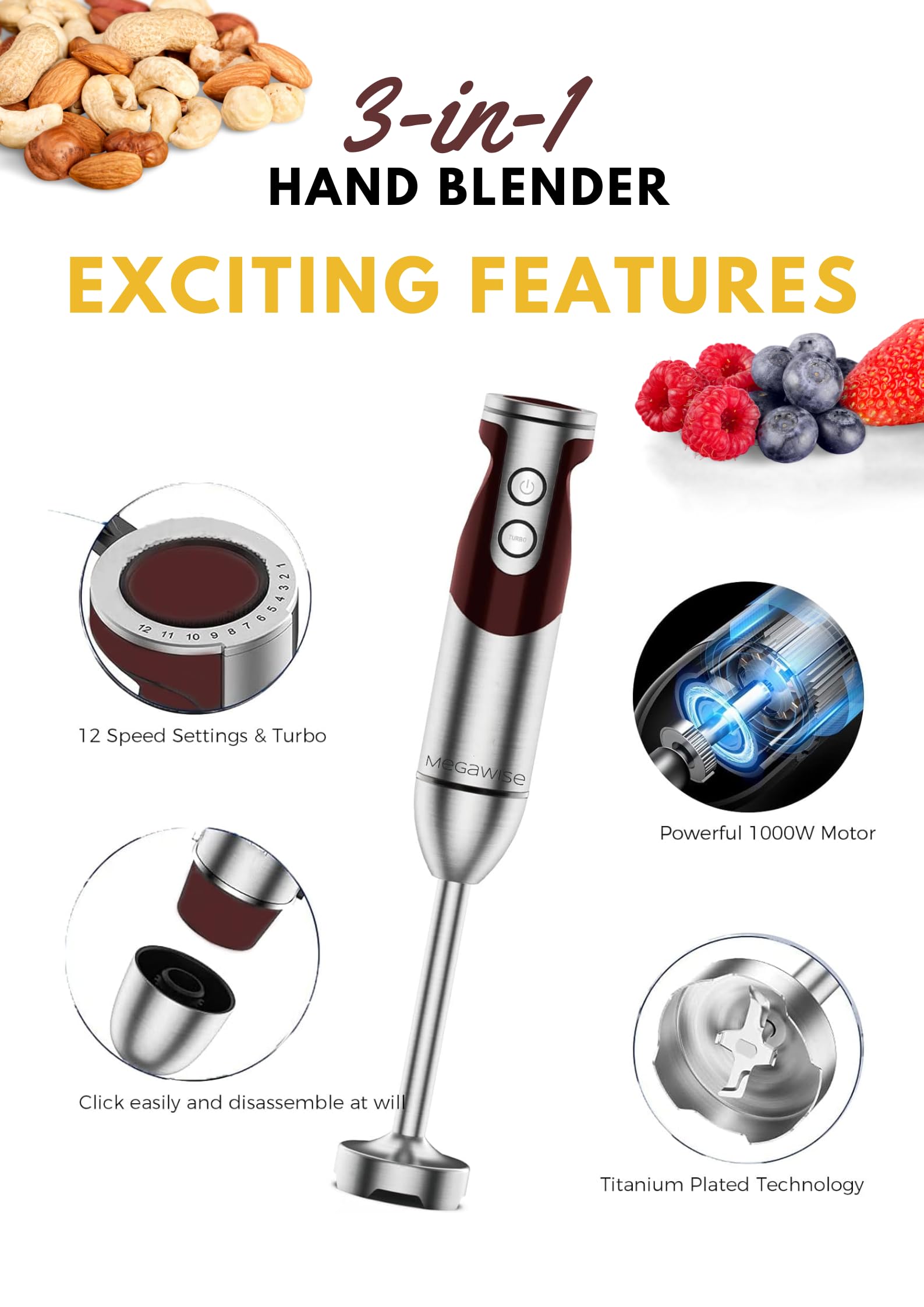 Megawise 3-in-1 Hand Blender β 12-Speed, Includes Powerful Blender Stick, Whisk, and Milk Frother β Easy to Clean and Perfect for Smoothies, and More (Red)