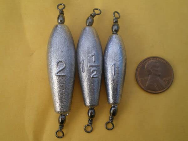 Fishing Tackle Lure 30 TROLLING Sinker W/#7 Black Barrel Swivel 2, 1-1/2, 1, OZ. 10 Each Size