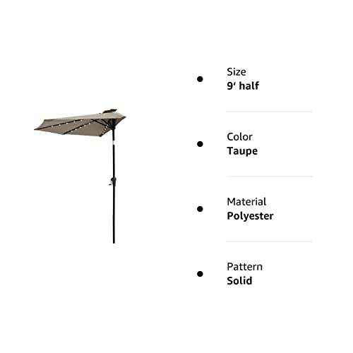FLAME&SHADE 9 ft Half Round Solar Powered Outdoor Market Patio Table Umbrella for Wall Balcony with LED Lights and Tilt, Taupe