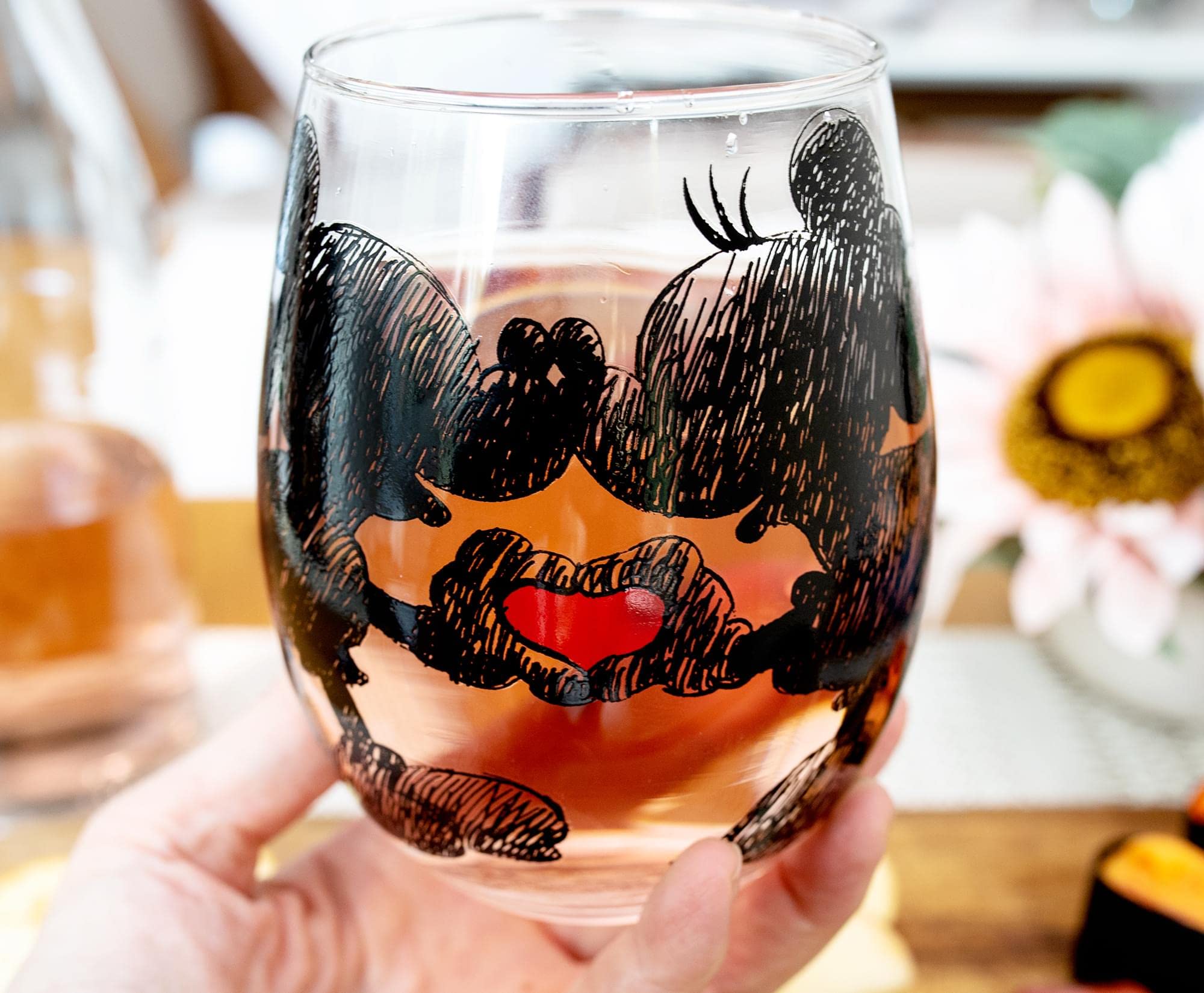 Disney Mickey and Minnie Mouse Heart Teardrop Stemless Wine Glass | Tumbler Cup For Mimosas, Cocktails