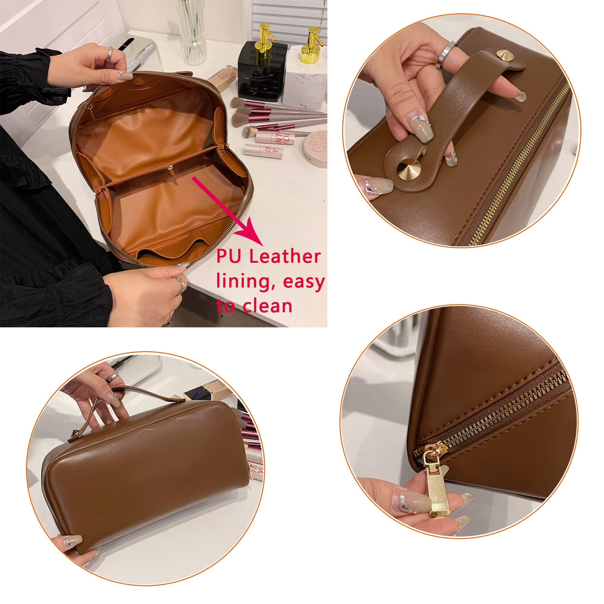 Large Capacity Travel Cosmetic Bag,Multifunctional Storage Makeup Bag for Women,PU Leather Portable Opens Flat Makeup Bag,Cosmetic Bag with Handle and Divider for Toiletries