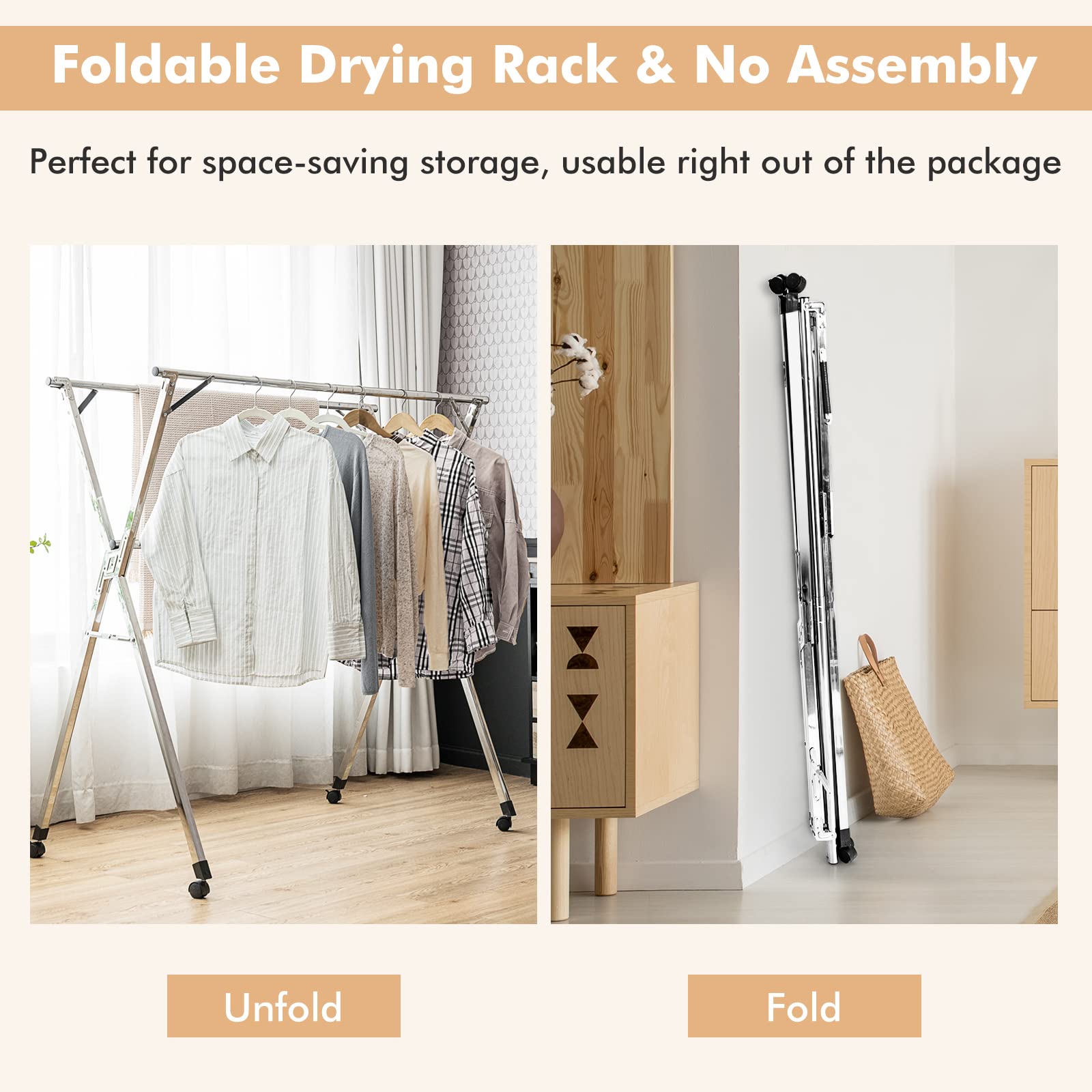 Nightcore Clothes Drying Rack, Stainless Steel Garment Rack with 4 Universal Wheels, Free of Installation, Foldable & Length Adjustable Hanger Rack for Indoor Outdoor