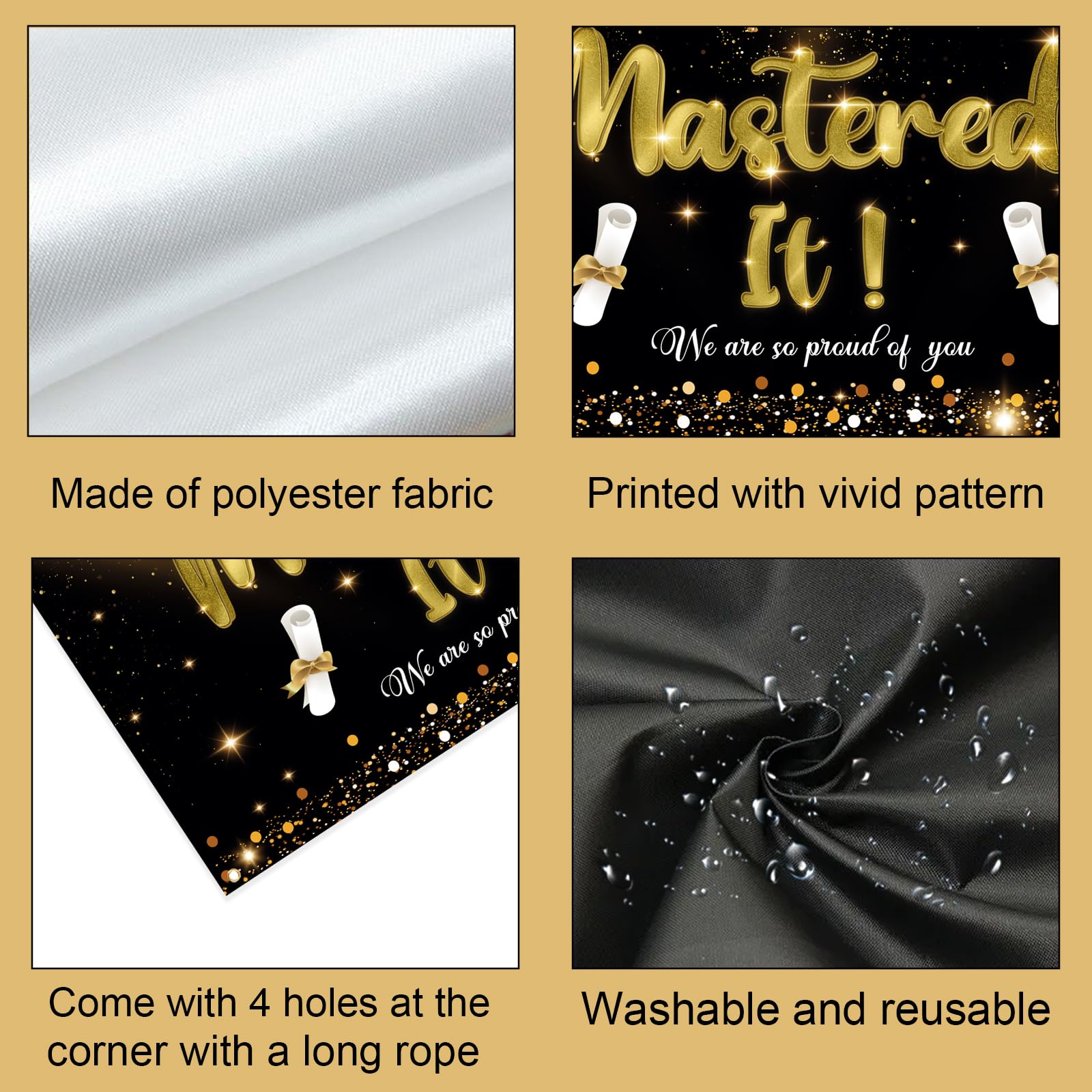 Labakita Mastered It Backdrop Banner, Masters Graduation Decorations, Masters Degree Graduation Banner, Graduation Decorations 2024, Graduation Party Indoor/Outdoor Decorations(Black and Gold)