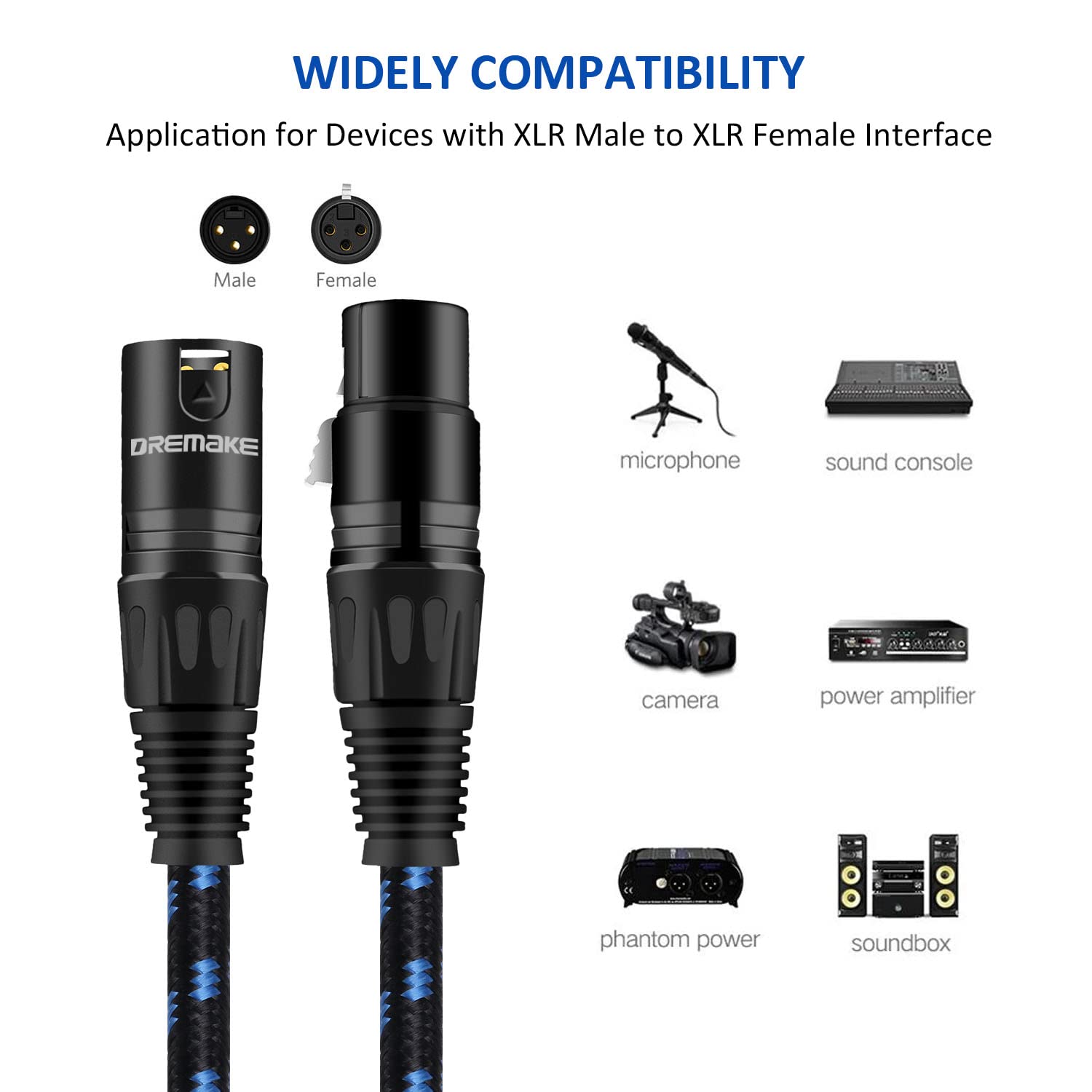 DREMAKE Audio 10FT Mic Microphone Patch Cable Cords - 3-Pin XLR Male to XLR Female Black Blue Tweed XLR Snake Cables - 10'Balanced Mike Amp Cable - 5 Pack