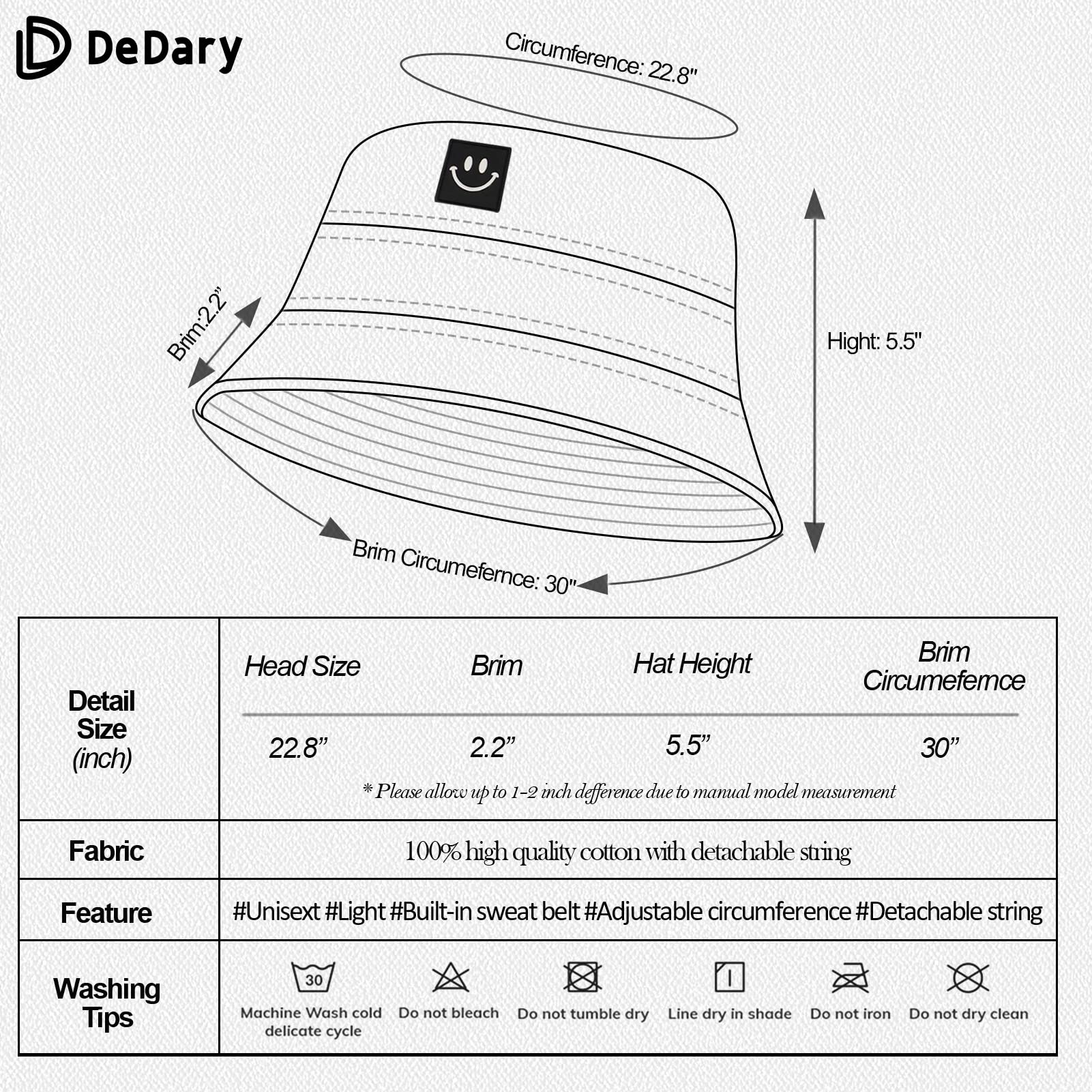 DeDary Unisex 100% Cotton Smiley Face Bucket Hats with Strings, Aesthetic Summer Travel Beach Sun Hat for Women, Packable Cute Visor Outdoor Cap for Men - 2pack White/Black Smiley face