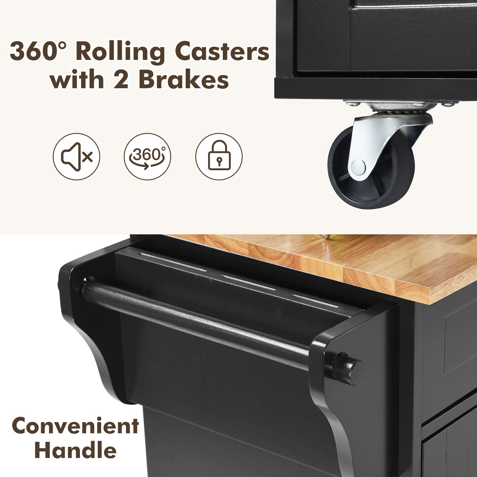 COSTWAY Mobile Kitchen Island Cart, Rolling Storage Trolley with Towel Bar, 2 Deep Drawers, 3 Door Cabinets, Swivel Casters, Rubber Wood Top, Ideal for Kitchen, Dining Room, Restaurant, Cafe (Coffee)