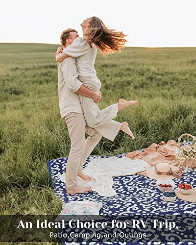 HOMEIDEAS Outdoor Rug, Waterproof Patio Plastic Straw Rugs, RV Reversible Camping Mat, Portable Area Rugs for Outdoors, Camping, Picnic, Beach, Backyard, Deck, Trailer, Navy Blue & White, 5' x 8'
