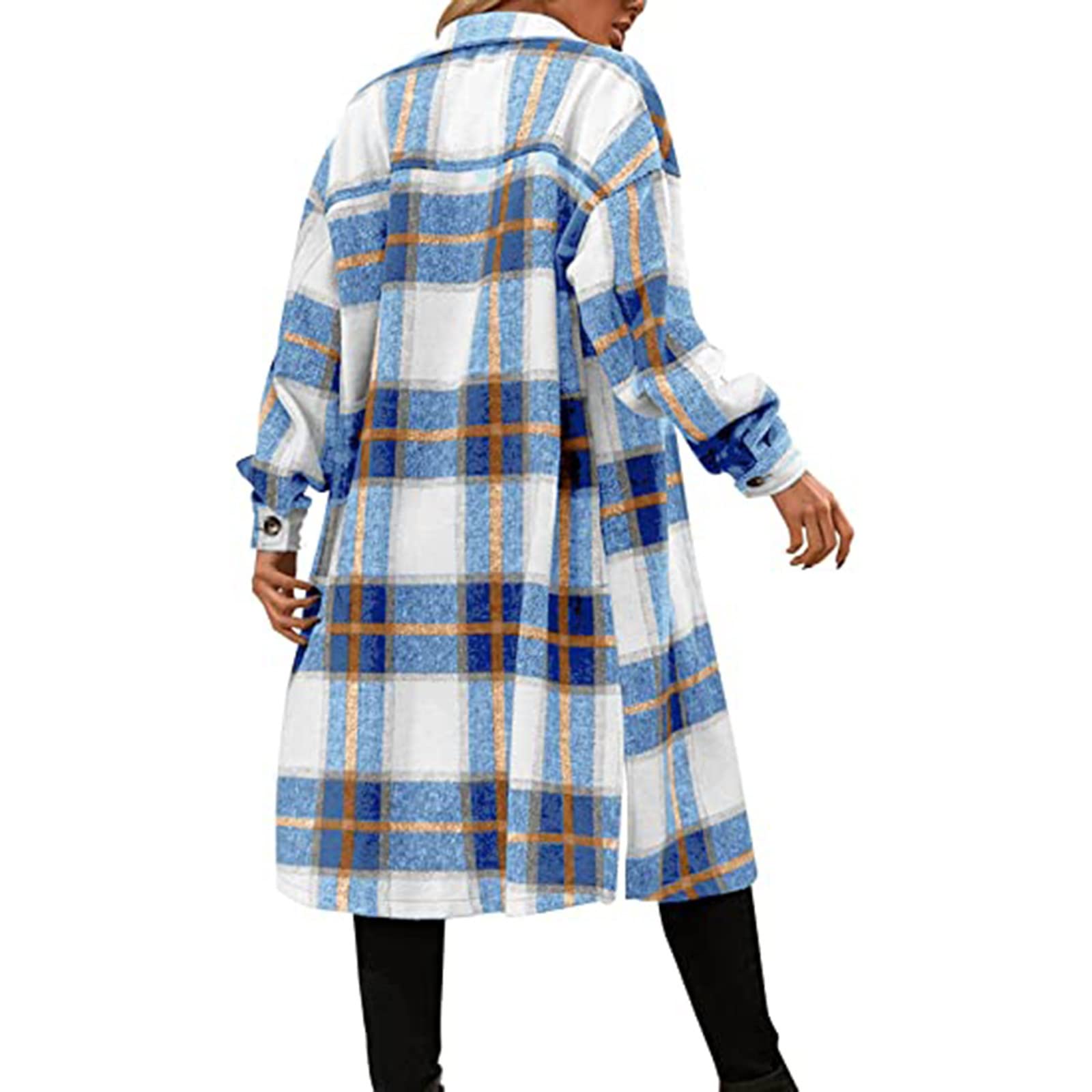 Echoollly Women's Plaid Long Shacket Casual Woolen Blend Lapel Button Down Shirts Jacket Winter Loose Oversize Coat Outerwear, Light Blue, X-Large