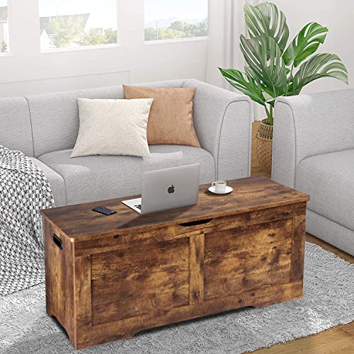 Timberer 39.4" Storage Chest, Wooden Storage Bench, Lift Top Toy Chest with 2 Safety Hinges, Large Toy Box, Entryway Bench for Living Room, Bedroom, Rustic Brown