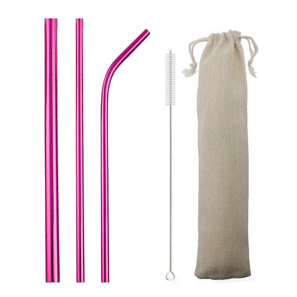 JANKNG 3 Pieces 304 Stainless Steel Metal Straws Set, 8.5 Inch Extra Wide Milkshake Bubble Reusable Drinking Straws For 20oz Tumblers Yeti Rumblers Cold Beverage, Pink