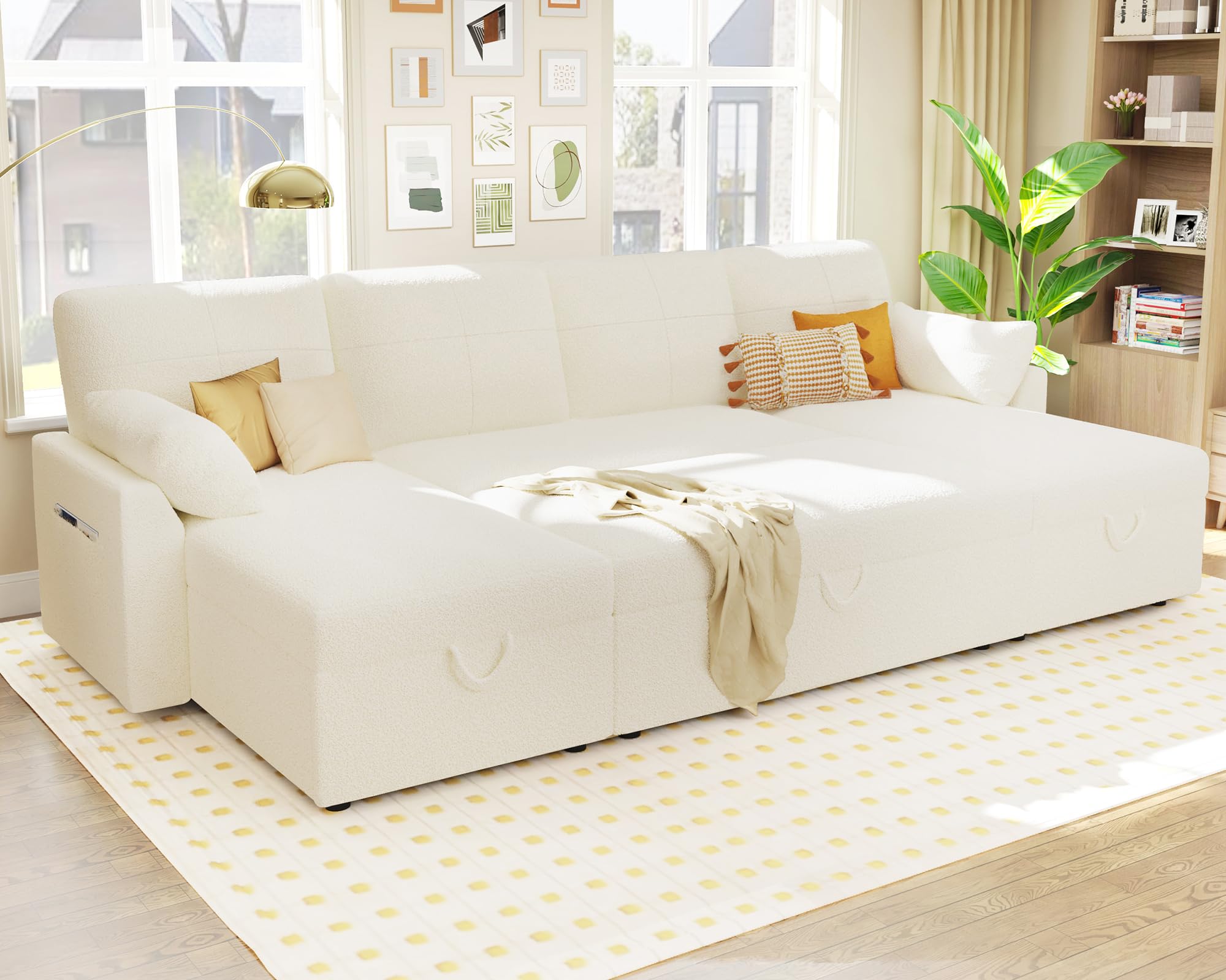 PaPaJet 110 Inch Sleeper Sofa, Oversized Pull Out Couch with Double Storage Chaise,U Shape Couches for Living Room-Offwhite Boucle
