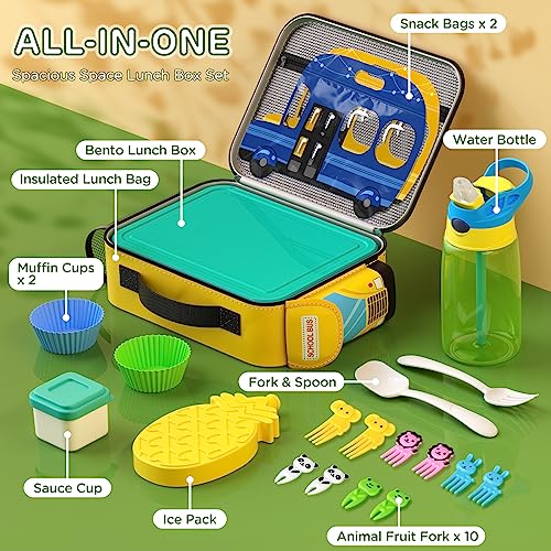 TIME4DEALS Lunch Box for Kid Boy Girl, 6 Compartments Lunch Container with Tableware Lunch Bag Set, 1330ML Ideal Portion Sizes Bento Box, Reusable Meal and Snack Packing Leakproof (Yellow School Bus)
