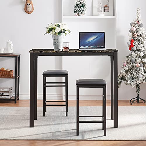 VECELO 3 Piece Dining Table Set with Cushion Stools Counter Height Pub Tabletop for Kitchen Dinette Breakfast Nook Bistro, Small Place, Seating for Two, Retro Brown