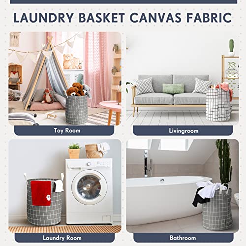 Nuogo 8 Pieces Freestanding Laundry Basket Round Collapsible Organizer Basket Cotton Linen Washable Laundry Hamper Waterproof Laundry Room Organization Large Storage Bins for Kids Toy Room Nursery