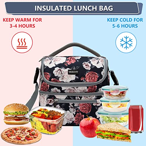 VASCHY Lunch Bag for Women, Insulated Lunch Box Leak-proof Cooler Bag in Dual Compartment Lunch Tote for Work 14 Cans Rose