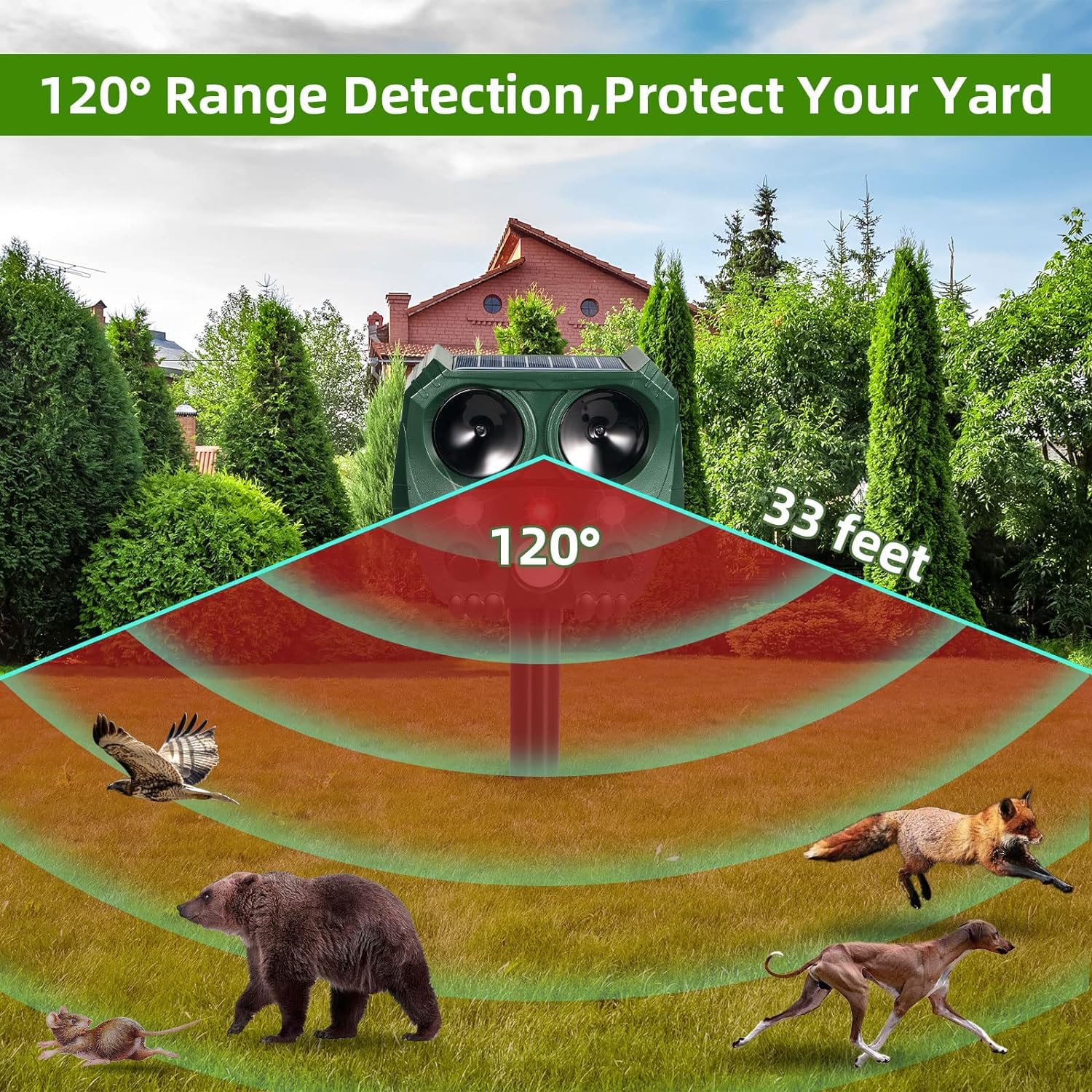 Jahy2Tech Solar Ultrasonic Animal Repellent Outdoor Cat Deterrent Deer Repellent with PIR Motion Sensor & Led Strobe Light Waterproof Solar Animal Repeller,Squirrel Repellent Raccoon Rabbit Repellent
