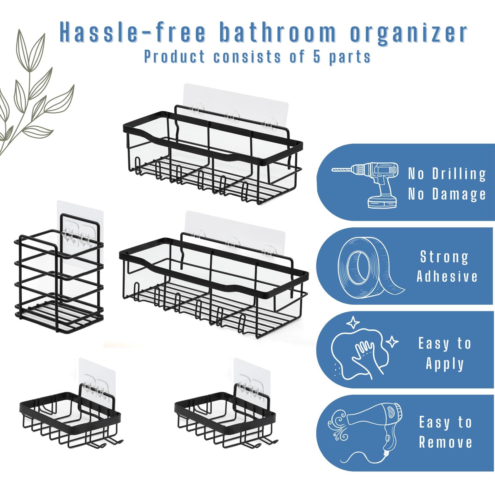 Shower Caddy Bathroom Organizers and Storage, Tile Shower Organizer 5 Pack Bathroom Set | No Drilling Bathroom Shelves | Shower Storage Organizer Stainless Steel With Large Capacity (Set of 5), Black