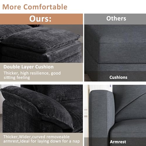 GNIXUU Modular Cloud Couch Sectional Sofa with Ottoman, 113.5" Oversized Comfy 4-Seat Black L Shaped Couch Set for Living Room, Chenille Sectional Sleeper Sofa with Soft Armrest & Cushion,