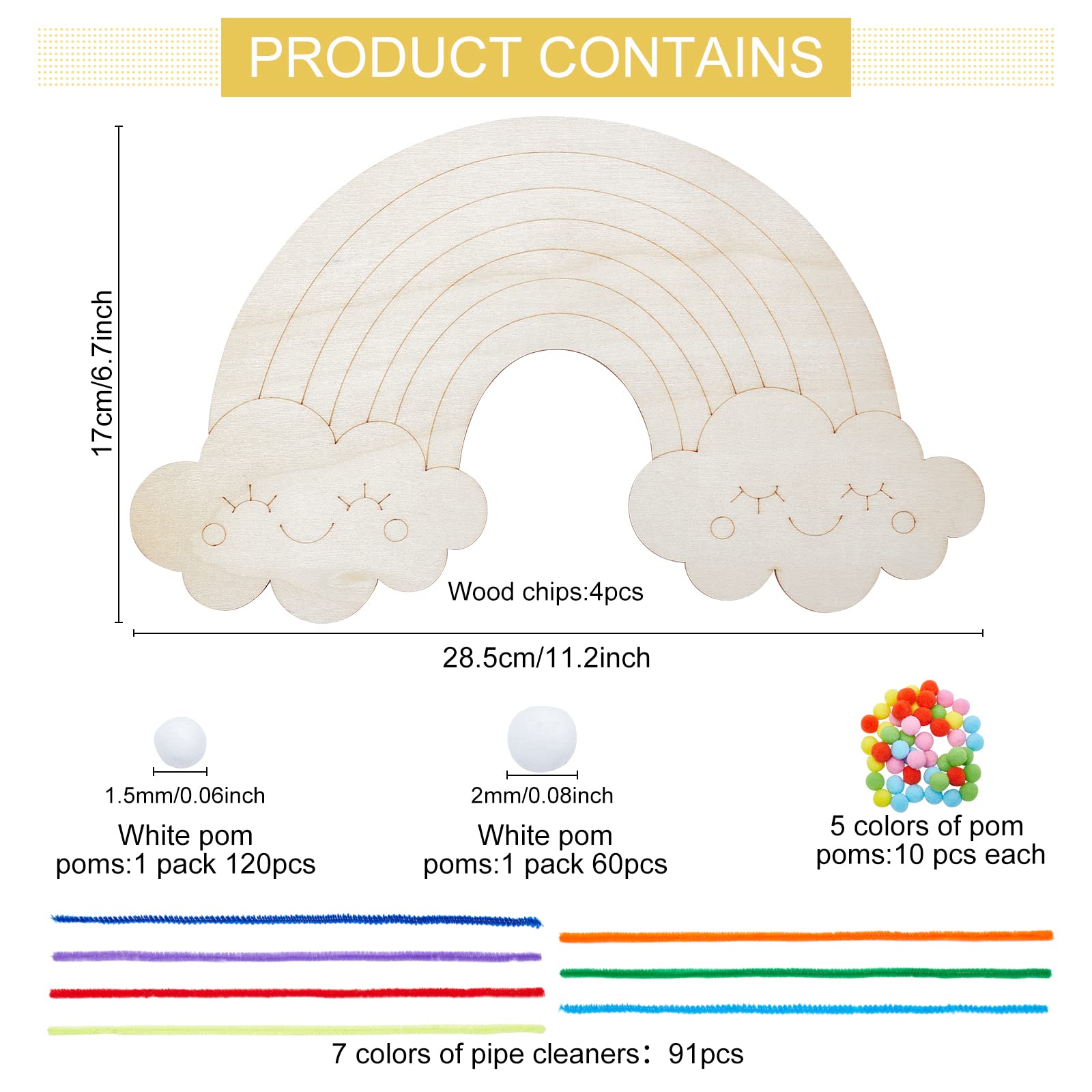 FREEBLOSS 4 Set Wooden Rainbow DIY Craft Art Supply Kits with Craft Cleaners and Foam Pom Poms, Projects Crafting Activity