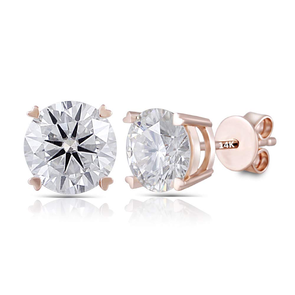 DovEggs Solid 14K Rose Gold 2ct 6.5mm G-H-I Color Heart Arrows Cut Moissanite Stud Earrings Push Back for Women