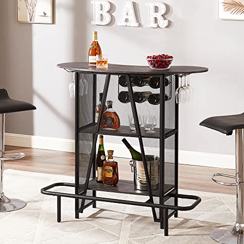VECELO Bar Unit with Metal Mesh Front, 3-Tier Wine Rack Table with Glasses Holder, Home Liquor Cabinet with Storage and Footrest for Living Room, Kitchen, Cement Grey
