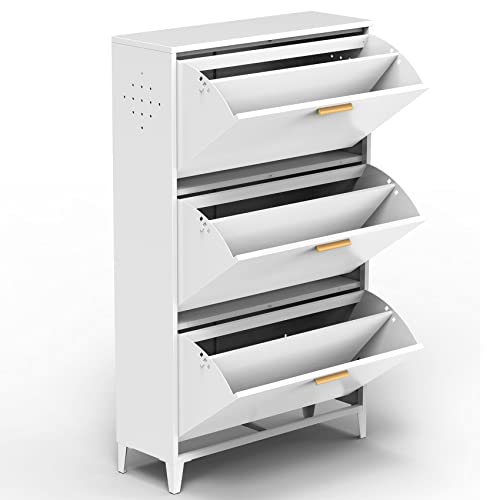 Metal Shoe Cabinet with 3 Flip Drawers, Wall Mounted & Upright Narrow Shoe Storage Organizer with Adjustable Shelf, Modern White Free Standing Shoe Cabinet for Entryway, Hallway, Holds 20 Pair Shoes