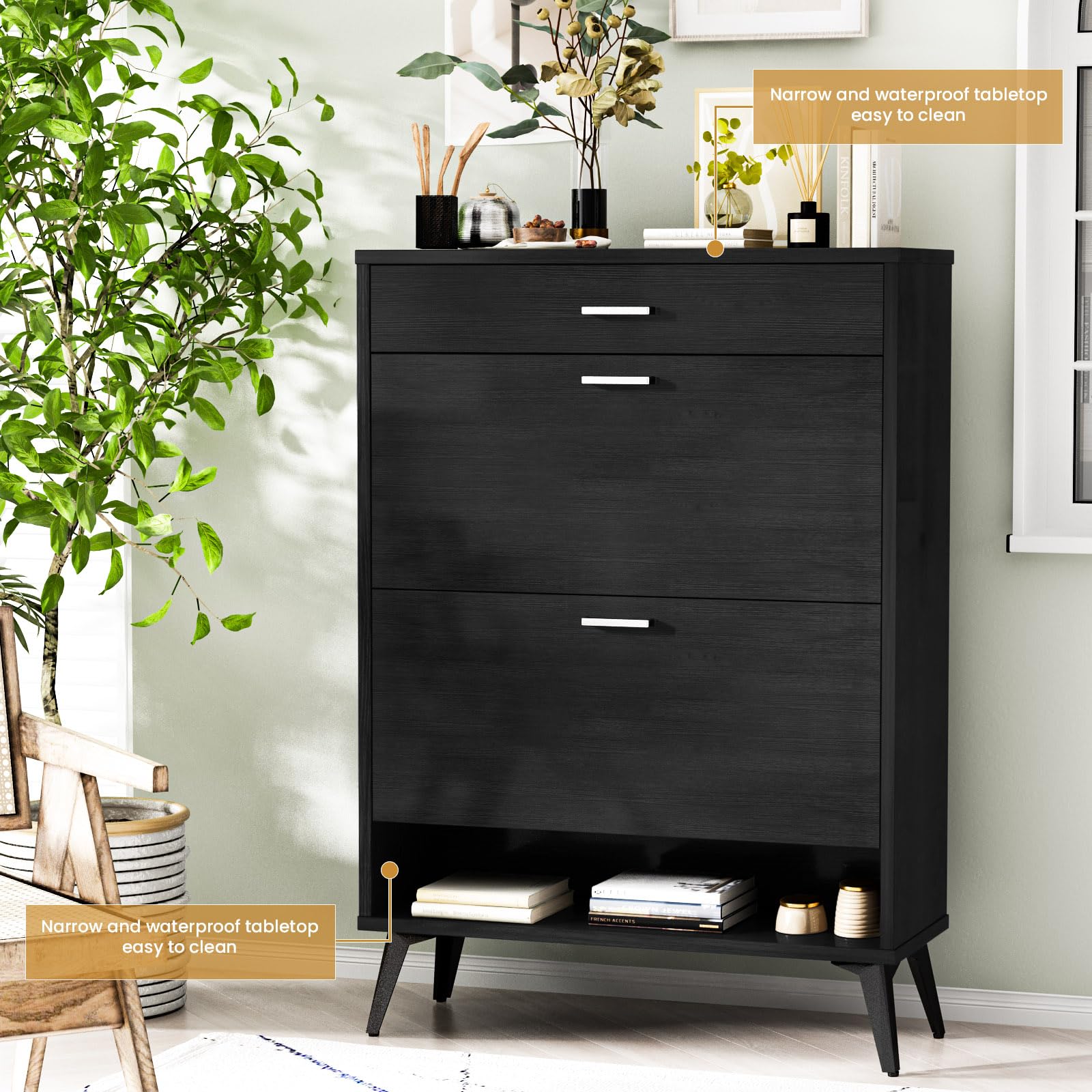 Lamerge Shoe Storage Cabinet for Entryway, Free Standing Shoe Organizer with 2 Flip Drawers,Hidden Shoe Rack Storage Organizer for Doorway Hallway, Black