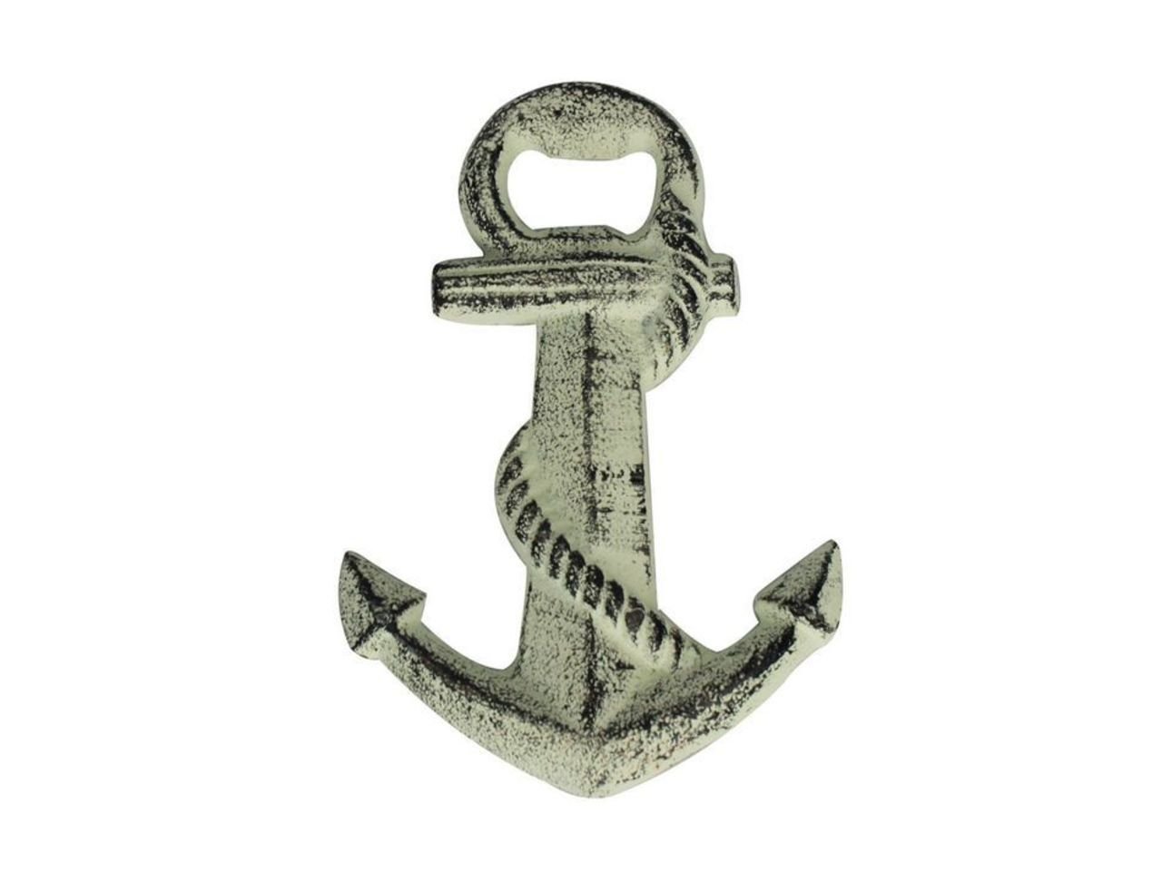 Hampton Nautical Whitewashed Anchor with Nautical Themed Rope Bottle Opener 5" - Vintage Cast Iron Decor
