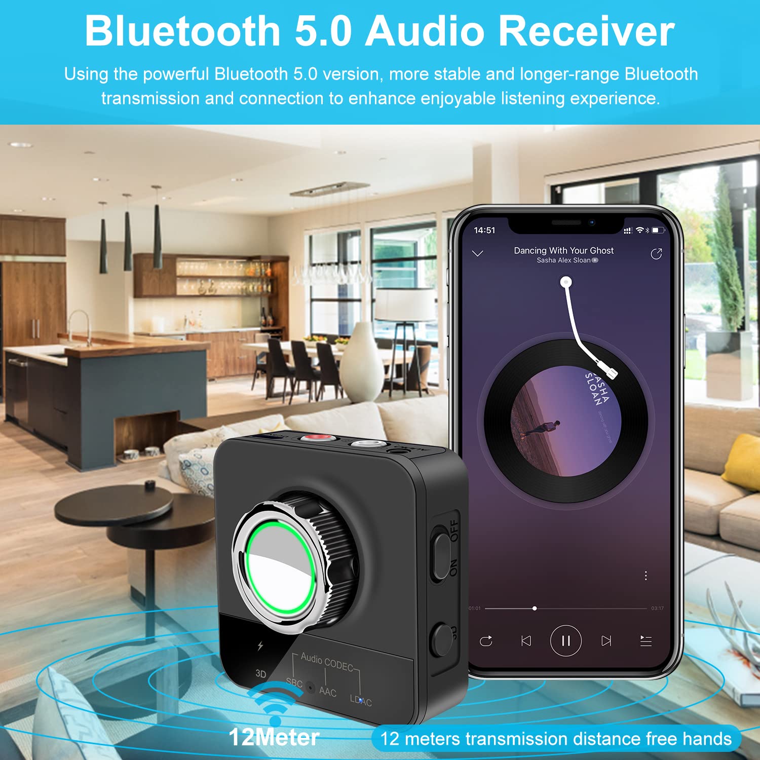 Friencity LDAC Bluetooth Receiver for Home Stereo, Wireless Audio Adapter with 3D Bass Mode for Speakers, Music Streaming Sound System, Headphone, Support SBC/AAC/3.5mm AUX/RCA