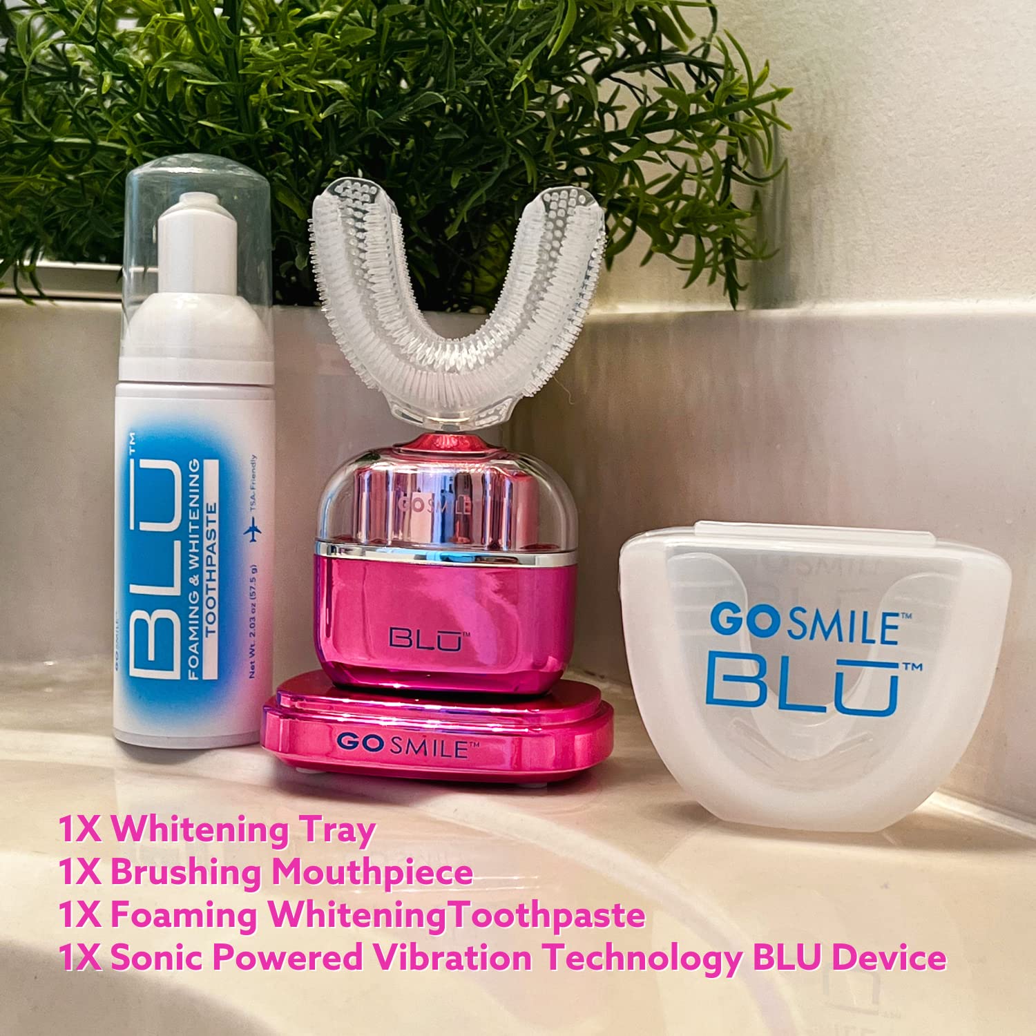 Go Smile Sonic BLU Hands-Free Professional Teeth Whitening Kit Pink with Hard Case Pink Compact Toiletry Bag